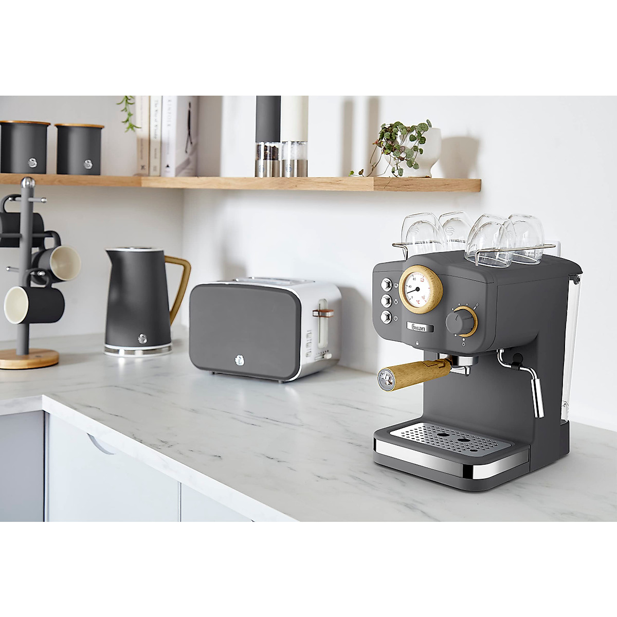 Swan Nordic Espresso Maker Machine, 15 Bars of Pressure, Milk Frother, 1.2L Tank, Scandi Style Matte Finish Slate Grey (SK22111GRYN)