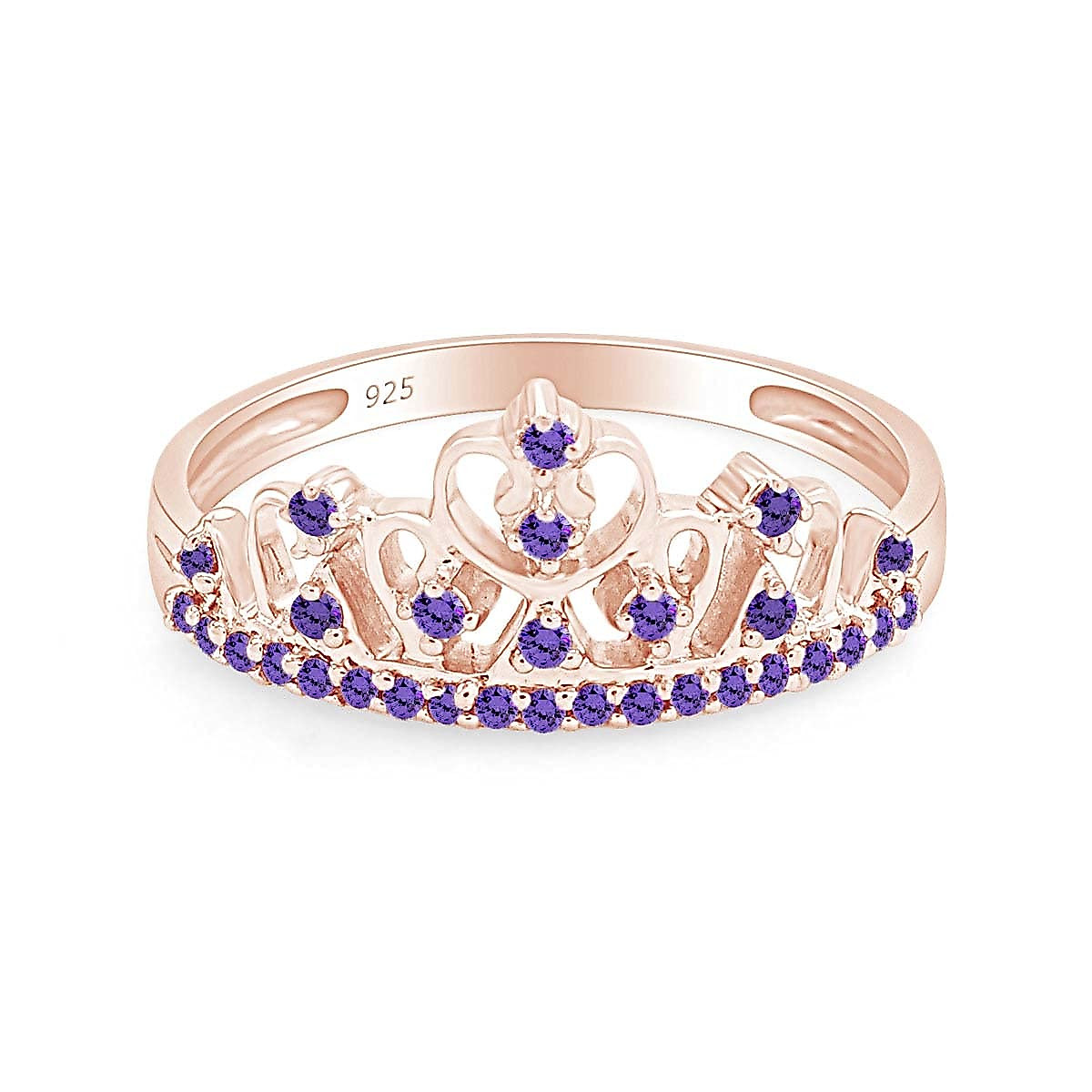 AFFY Round Cut Simulated Amethyst Princess Crown Ring in 14k Rose Gold Over Sterling Silver