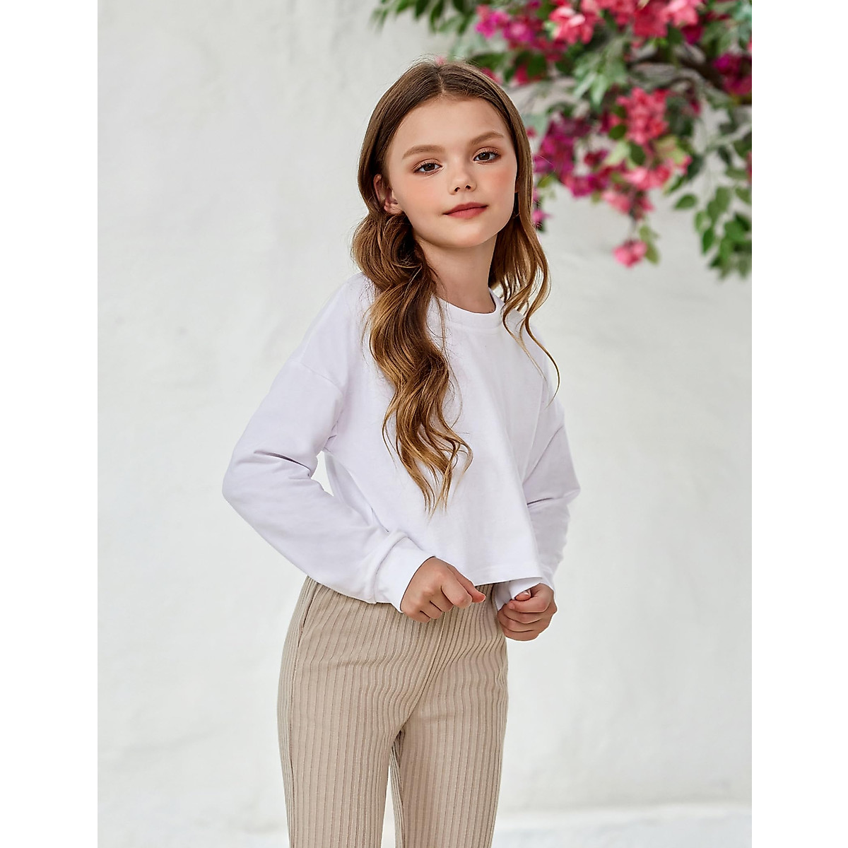 Arshiner Girls Crop Tops Kids Long Sleeve Pullover Sweatshirts Girls Cropped Crewneck Sweatshirt White Crop Top Long Sleeve Cute Clothes For 10-12