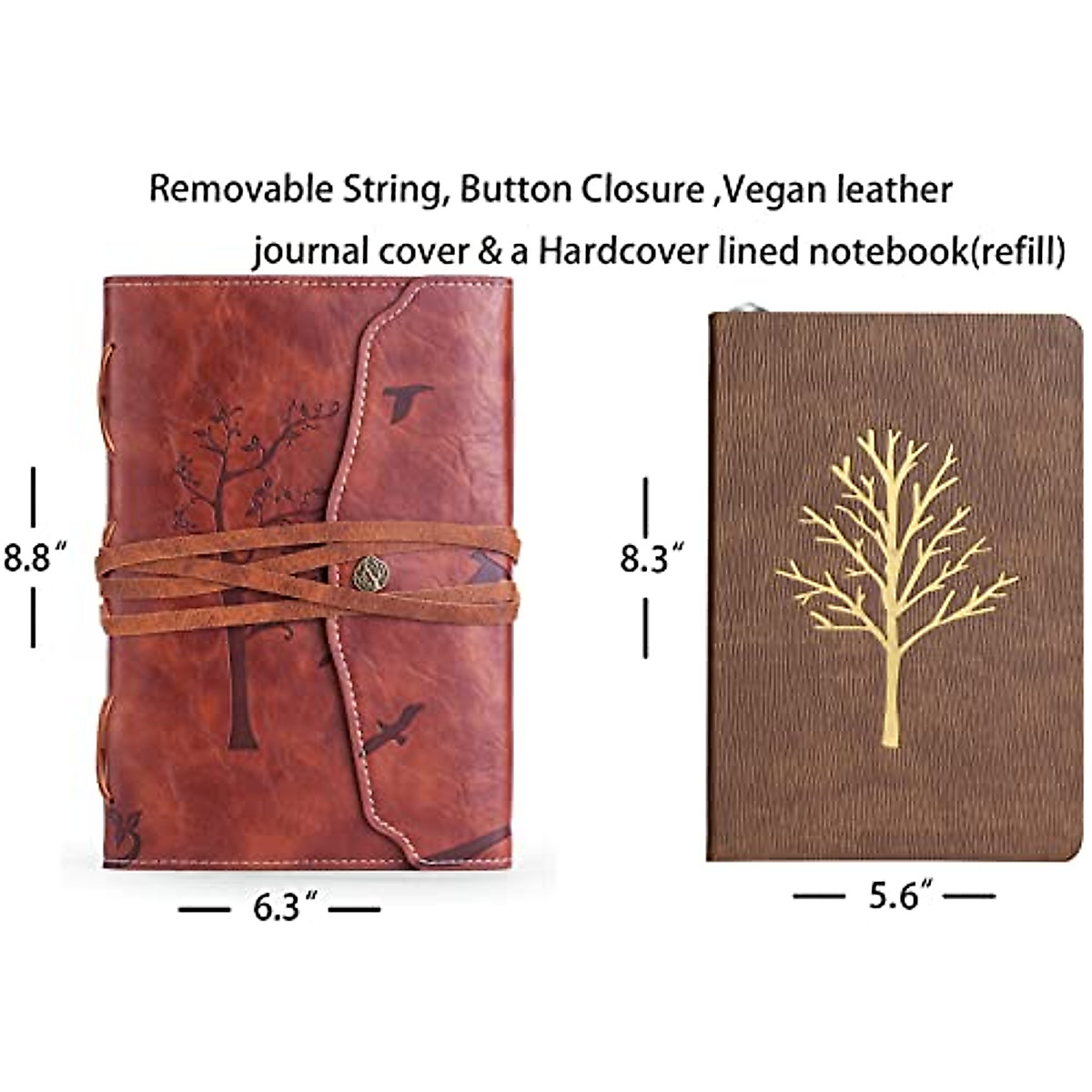 VALERY Vegan Leather Bound Journal – Slim A5 Lined Journals for Women and Men – Refillable Brown Writing Journal Notebook for Writers - Personalized Writing Gift Journal for Teachers Vegetarians