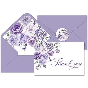 Whaline 24Pcs Lavender Floral Thank You Cards with Envelopes and Stickers Purple Floral Greeting Cards Elegant Flower Blank Note Cards for Party Supplies