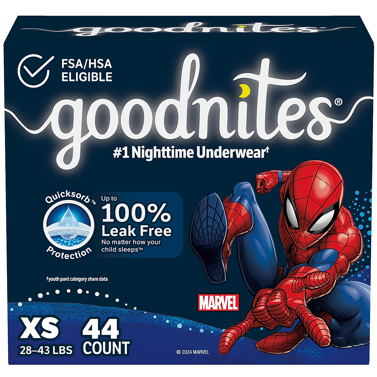 Goodnites Boys' Nighttime Bedwetting Underwear, Size Extra Small (28-43 lbs), 44 Ct (2 Packs of 22), Packaging May Vary