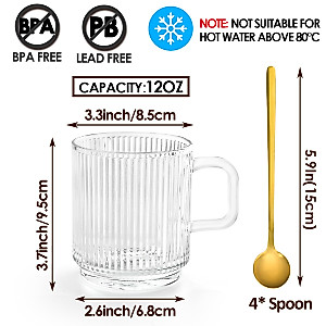Ymyaye Clear Glass Coffee Mug Set of 4, 12 Ounces Ribbed Glassware with Spoon, Classic Vertical Stripes Tea Mugs for Soda, Latte, Espresso, Cappuccino, Gift for Birthday Holidays Wedding Anniversary