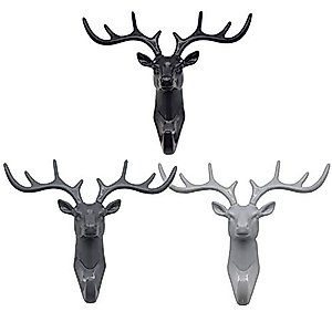 Maydahui 3PCS Deer Head Wall Hook Antler Hanger Animal Shaped Key Coat Hat Hooks Plastic Home Decoration Black White Grey Heavy Duty for Living Room Bedroom Bathroom