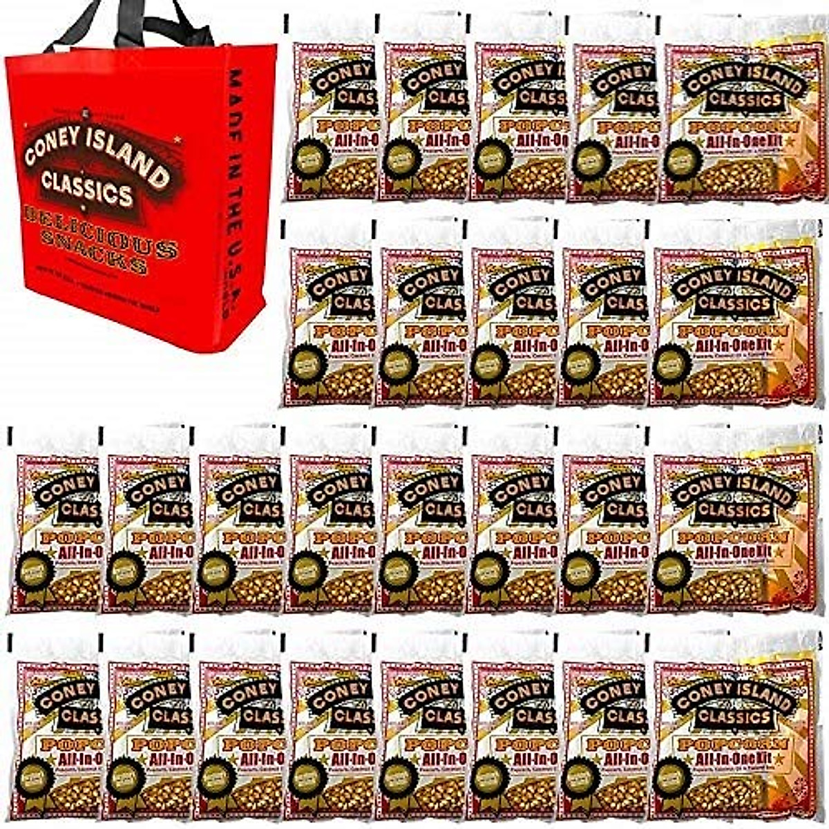 Coney Island Classics Premium Movie Theater Popcorn 8 Ounce Bag All In One Portion Kit With Coconut Oil & Flavored Salt With Bonus Large Tote Bag Bulk 24CT