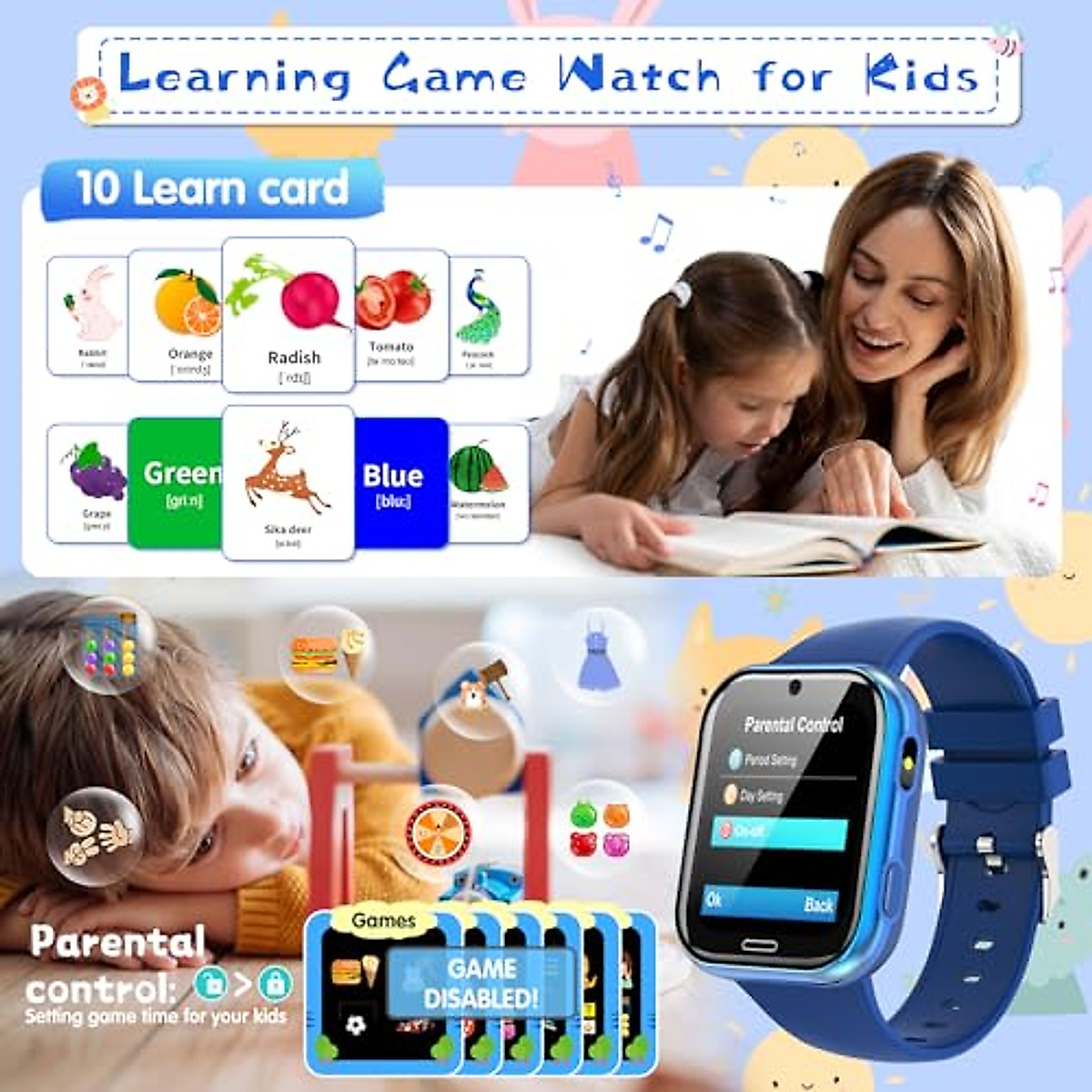 Smart Watch for Girls and Boys Age 6-12 - 24 Games, Video Camera, Music, Alarm - Educational Birthday Gift (Blue)