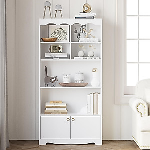 GarveeHome Bookshelf, 5 Tier Open Bookcase and Bookshelf, Modern Bookcase with Doors, Wood Bookcase Storage Organizer Shelf, 63 in Tall Display Storage Shelves for Bedroom Living Room Office, White