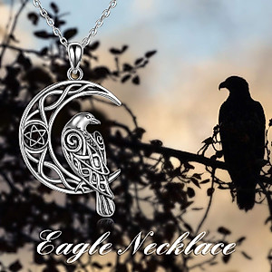 ONEFINITY Raven Necklace Sterling Silver Viking Celtic Crow Raven Pendant Crescent Moon Pentagram Amulet Wiccan Jewelry Christmas Gifts for Women Men