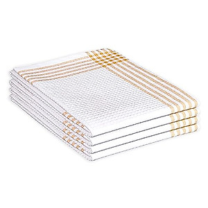 Softopia Cotton Set of 4 Border Waffle 100% Cotton Kitchen Dish Towels 18x26 Inches Absorbent Durable, Cleaning Towels with Hanging Loop, White Mustard Yellow