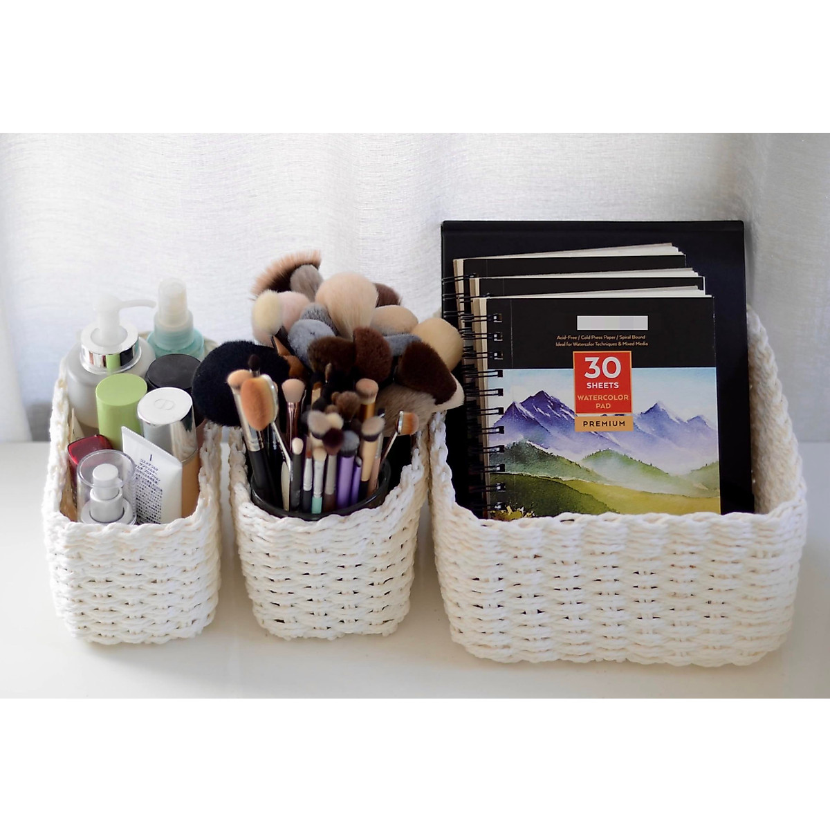 Set of 3 White Woven Baskets - Table Organizer, Natural and Eco-Friendly Storage Solution, Storage Baskets for Shelves, Toy Storage, Sustanabile Paper Rope Material