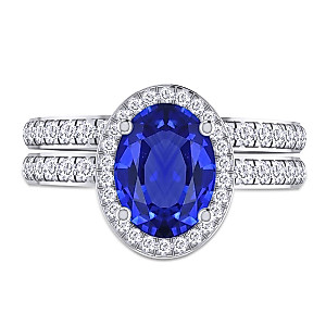 GEMVIO Collection 8X6MM Oval Cut Lab Created Blue Sapphire Gemstone & Natural Diamond Halo Bridal Set Engagement Ring In 14K White Gold Over Sterling Silver Anniversary Wedding Ring (1.40 Cttw)-9