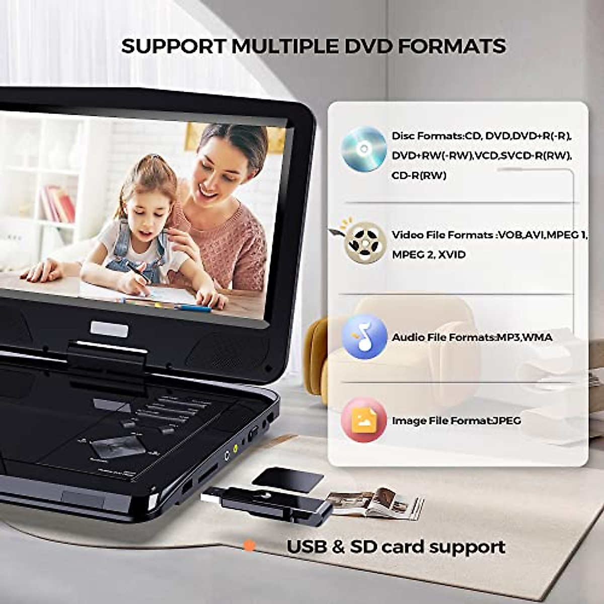 SUNPIN 12.5" Portable DVD Player with 10.1'' Eyesight Protective Swivel Screen, Car Headrest Holder, Dual Earphones Jack, 5-Hour Rechargeable Battery, Support USB/SD Card/Sync TV/Multiple Disc Formats