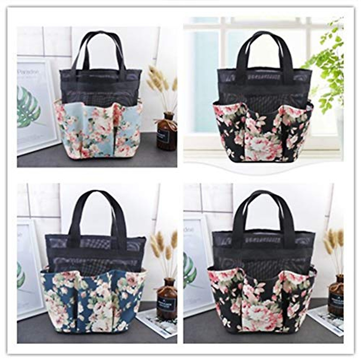 TOPBATHY Portable Mesh Shower Caddy Tote with Floral Storage Pockets Quick Dry Toiletries Cosmetic Bag Organizer Basket for Bathroom Bath College Dorm (Sky-Blue)