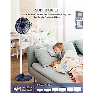 FARADAY Oscillating Standing Fan 12” Foldable Portable Quiet Floor Fan 12000mAh Rechargeable Pedestal Fan with Remote, Timer Setting, Height Adjustable Foldaway Fan for Bedroom Home Office, 6 Speed