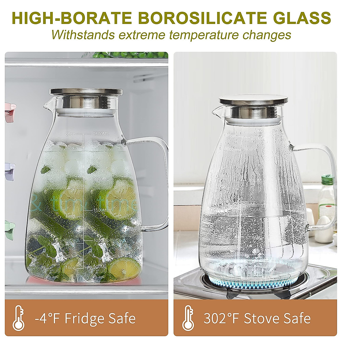 Transparent Glass Pitcher, 88oz/2.5L - Large Drinking Pitcher with Lid, Precise Scale Line, Mixing Spoon and Brush