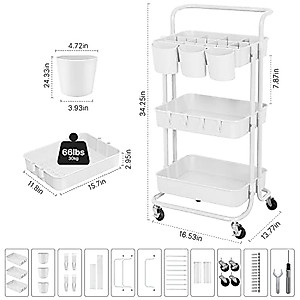 E&D FURNITURE 3 Tier Rolling Storage Cart with Wheels, Utility Art Craft Supply Cart Organizer on Wheels, Multipurpose Adjustable Makeup Cart Hair Salon Trolley with Handle & Hanging Cups