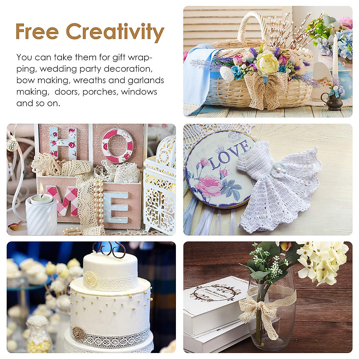 40 Yards Cotton Lace Trim Vintage Lace Ribbon Crochet Cotton Lace Scalloped Edge for Bridal Wedding Decoration Christmas Package DIY Sewing Craft Supply, 5 Yards Each, 8 Styles (Beige)