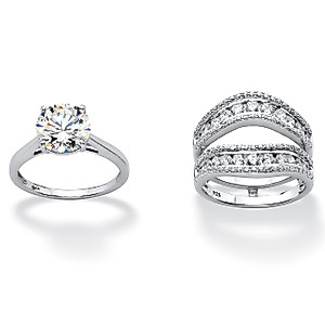 PalmBeach 18k Yellow Gold or Platinum Plated Sterling Silver Round Cubic Zirconia 2 Piece Jacket Bridal Ring Set Size 6