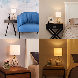COTULIN Gold Modern Hollow Out Base Bedroom Small Table Lamp,Bedside Nightstand Lamp with Geometric Metal Base White Fabric Shade,Cute Desk Lamp for Kids Living Room