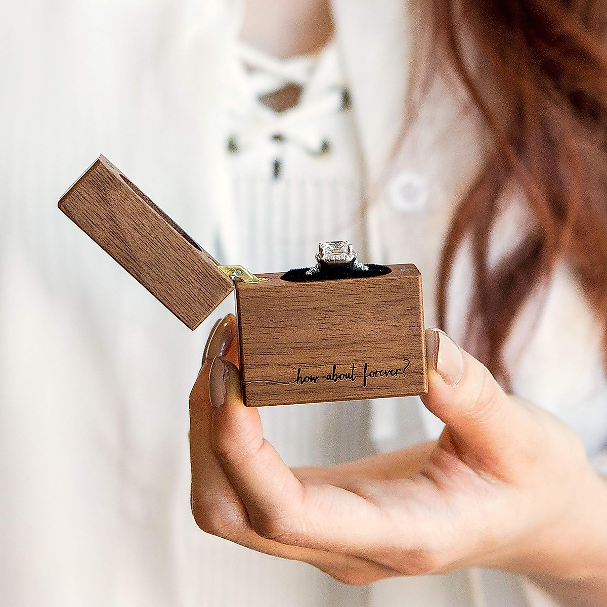 MUUJEE How About Forever - Engraved Wooden Proposal Ring Box, Ring Bearer Box for Wedding Ceremony, Engagement Photo Decor Idea