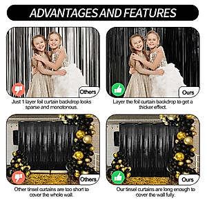 2 Pack Black Foil Fringe Curtains Streamers Party Decorations 3.3 x 8.2 ft, Black Tinsel Curtain Fringe Backdrop for Parties, Door Fringe Birthday Streamers, Photo Booth Backdrops, Party Décor