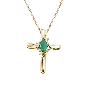 14K Yellow Gold Oval Emerald & Diamond Cross Pendant (Chain NOT included)