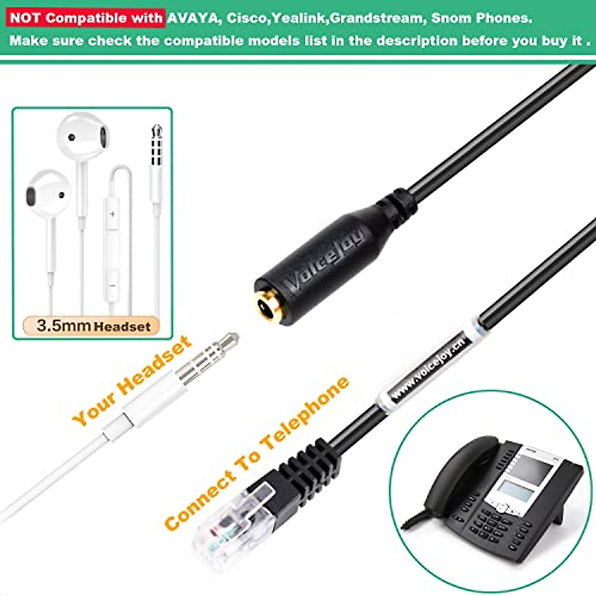 VoiceJoy 3.5mm Smartphone Headset to RJ9 Adapter Cable - 3.5mm Headphone Converter to Office Telephone IP Phones