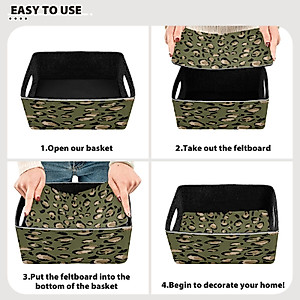 Kigai Hunter Green Leopard Storage Basket for Shelves, Foldable Open Storage Bins with Double Handle, Set of 2 Rectangular Felt Storage Organizer Boxes for Office Desk Home