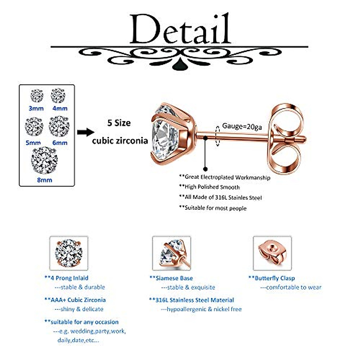 JOVIVI 20G Hypoallergenic Stainless Steel Cubic Zirconia Black Stud Earrings Set CZ Earrings for Men Women, 3MM/4MM/5MM/6MM/8MM,5 Paris