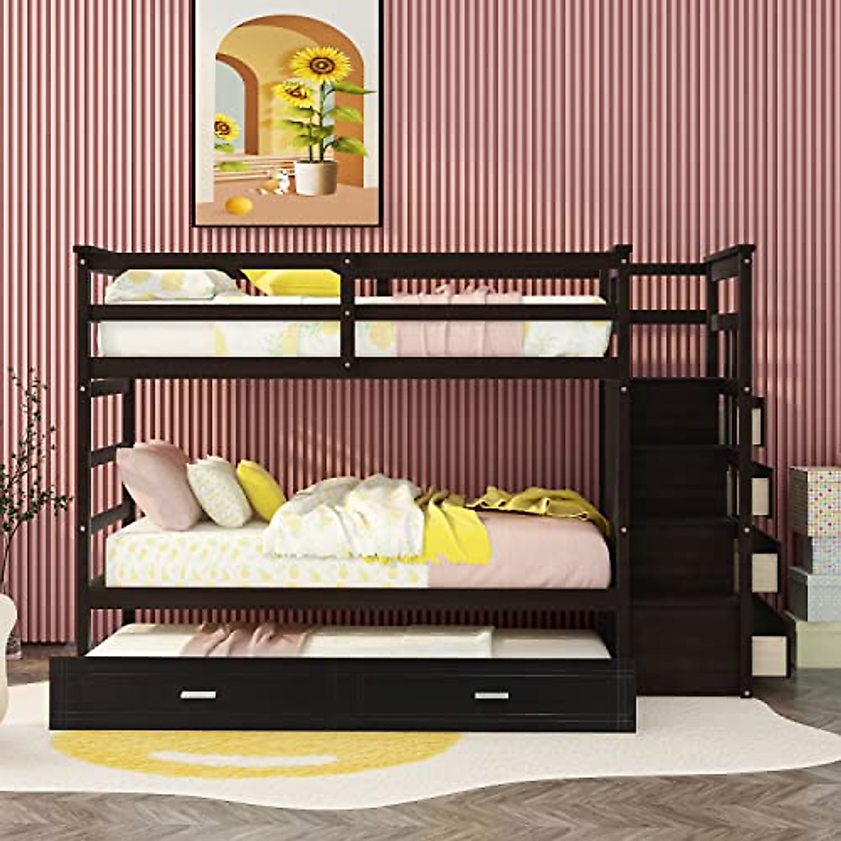 Solid Wood Twin Over Twin Bunk Bed, Trundle Bunk Beds with 4 Storage Drawers, Staircase and Safety Guard Rail, No Box Spring Needed (Espresso)