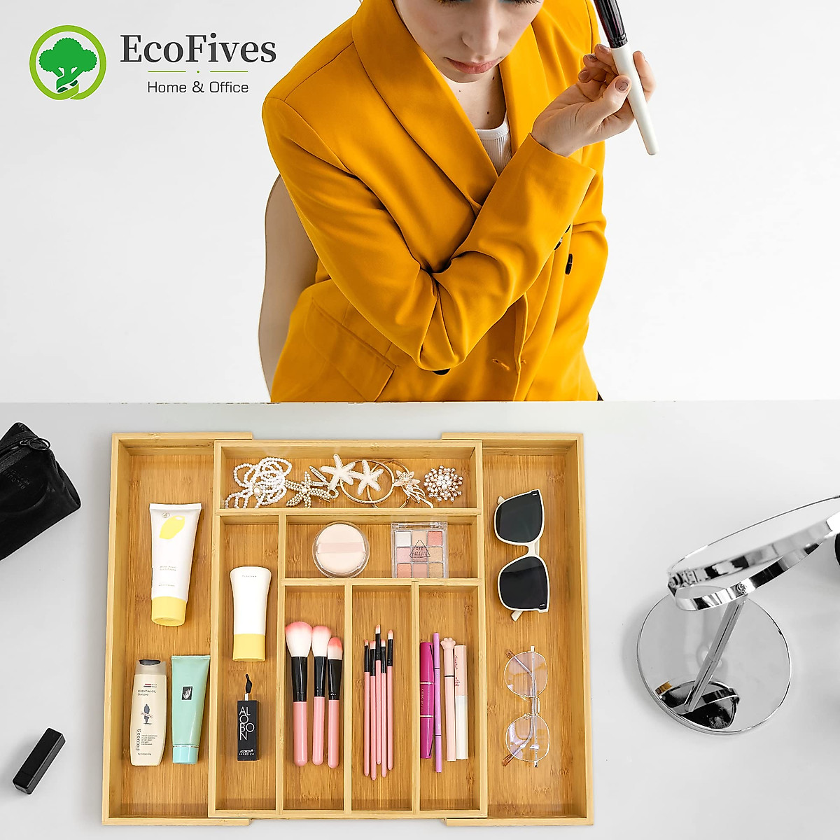 EcoFives Bamboo Kitchen Drawer Organizer - Silverware Organizer - Utensil Holder and Cutlery Tray with Grooved Drawer Dividers for Flatware and Kitchen Utensils (8 Slot)