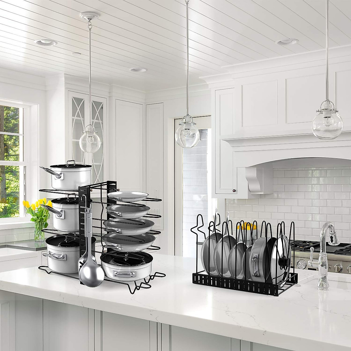 Devan Pots and Pans Organizer Adjustable 8+ Pots and Pans Oragnizer, Kitchen Counter and Cabinet Pot Lid Holder with 3 DIY Methods (6 Hooks Included)