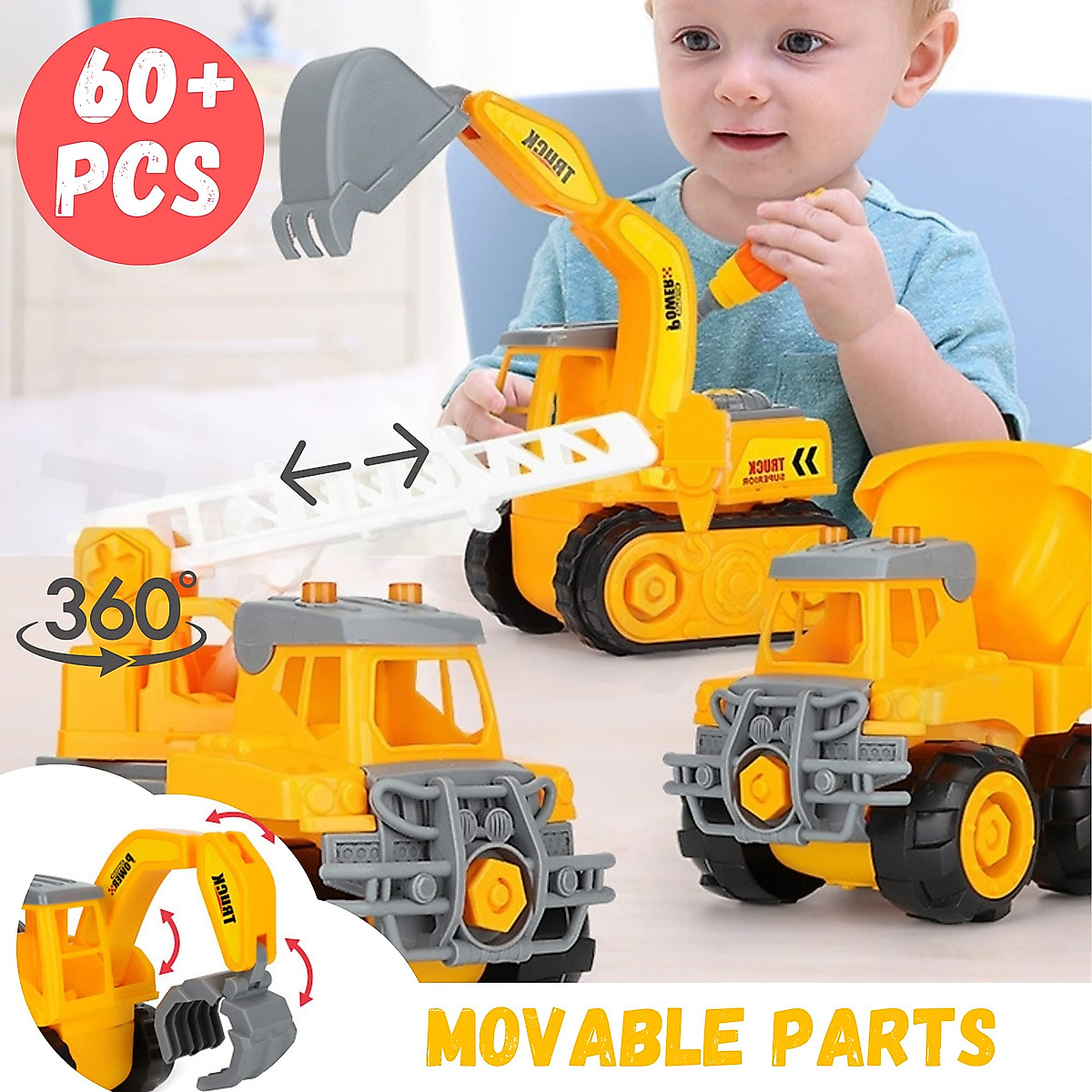 Construction Trucks Take Apart Toys for Kids Age 3-5 Toddlers Set of 3 Vehicles Excavator, Crane, Dump Truck Toy with Screwdriver and Drill Stem Educational Birthday Gift for 2 3 4 5 Year Old Boys