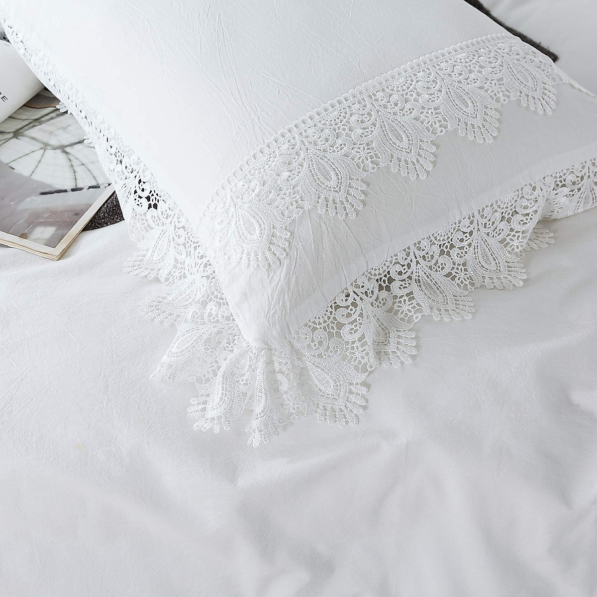 Softta Boho King Size White Lace Bedding Collection Ruffled Vintage 3pc Duvet Cover Set 100% Wahed Cotton Princess Grils Bedding Sets