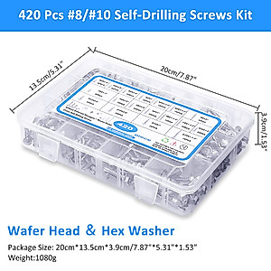 Self Drilling Screws, 420pcs Self Tapping Screws for Metal 410 Stainless Steel Sheet Metal Screws #8#10, CGBOOM Wafer Head&Washer TEK Head Screws for Building and Repair
