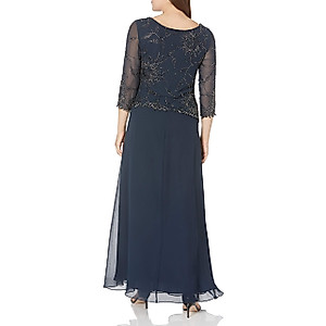 J Kara Women's Petite Long Scoop Neck Asymetrical Beaded Dress, Navy/Shaded/Mercury, 8P