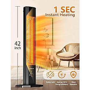 Outdoor Electric Patio Heater, Haimmy 42in Infrared Heater with Remote, 9 Heat Levels, 9H Timers, 1500W Instant Heating, Safety Lock, Tip-Over & Overheat Protection, IPX5 Waterproof Tower Space Heater