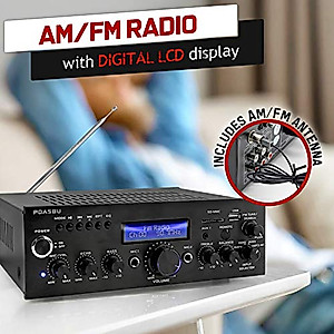 Pyle Wireless Bluetooth Power Amplifier-200 Watt Audio Stereo Receiver w/USB Port, AUX in, FM Radio, 2 Karaoke Microphone Input, Remote-Home Entertainment System, Black, 10.5" x 8.8" x 2.8" (PDA5BU)