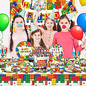 Building Blocks Birthday Party Supplies,114pcs Building Block Party Decorations&Building Blocks Tableware Set - Building Blocks Party Plates Napkins Backdrop Balloons etc Building Block Party Supplies