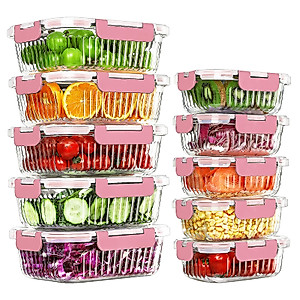 KOMUEE 10 Packs Glass Meal Prep Containers with Lids, Glass Food Storage Containers Set, Airtight Lunch Containers, Microwave, Oven, Freezer and Dishwasher Safe, Pink