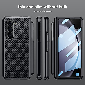 Libeagle Compatible with Samsung Galaxy Z Fold 5 Case, Support All Magsafe Accessories, Leather Back, Include Both Removable Old & New Slim S Pen Holder (2023) on Hinge,Cover 5G-Carbon Fiber