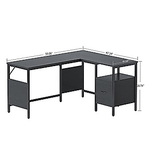 CubiCubi L Shaped Desk with Shelves, 59.1 Inch Corner Computer Desk, Home Office Gaming Writing Workstation with Large Non-Woven Drawer, Black