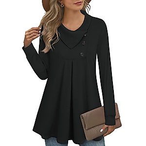 Timeson Tunic Sweaters for Women to wear with Leggings,Long Sleeve Winter Black Tunics Tops Loose Fitted Swing Ladies Sweatshirts Button V Neck Pullover Thick Fall Work Dressy Shirts Christmas Outfits