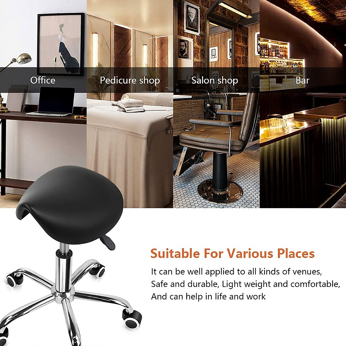 KKTONER Rolling Saddle Stool PU Leather Swivel Adjustable Rolling Stool with Wheels Salon Chair Black