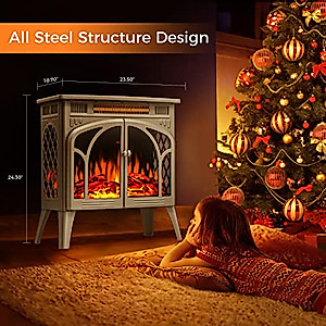 Antarctic Star Electric Fireplace Stove, Electric Fireplace Heater Freestanding with 3D Logs and Realistic Flame, Remote Control, Overheating Protection & All Steel Design, Adjustable Brightness Beige