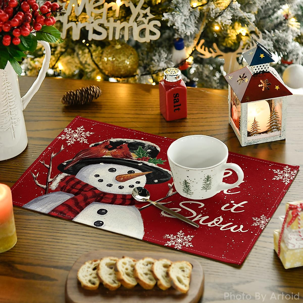 Artoid Mode Red Snowman Let It Snow Winter Placemats Set of 8, 12x18 Inch Seasonal Christmas Holiday Table Mats for Party Kitchen Dining Decoration
