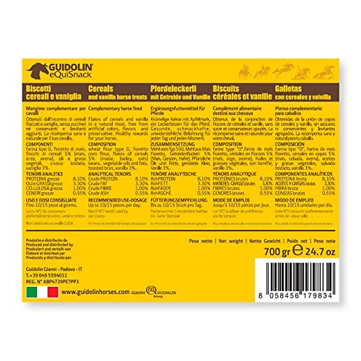 GUIDOLIN EQUISNACK Horse Natural Treats with Superfoods and Real Fruit Pieces, No Sugar Added, Handmade in Italy - 1,54 LB (Vanilla and Cereals)