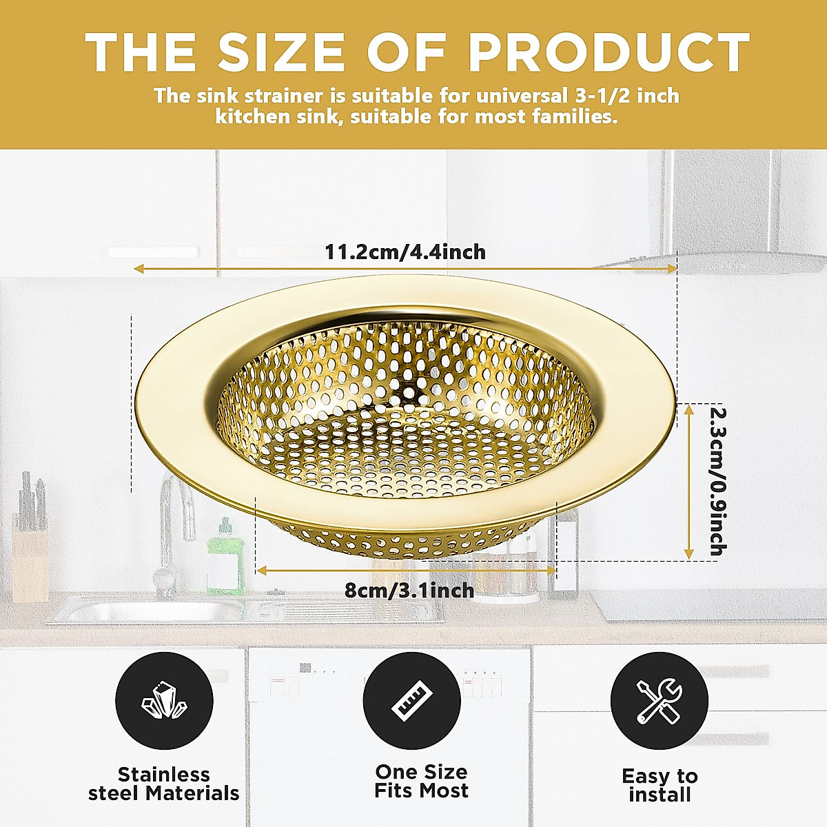 Retisee 2 Pcs Kitchen Sink Drain Strainer Kitchen Sink Stopper Kit Basket Stainless Steel Sink Filter Anti Clogging Sink Plug for Standard 3 1/2 Inch Kitchen Sink Garbage Disposal (Gold)