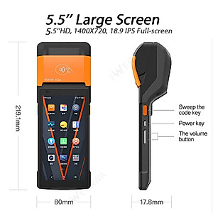 IWIRA Sunmi V2 POS Terminal with Receipt Printer, Speaker, Camera and Barcode Scanner All in One Handheld PDA Printer, Android 7.1 System, Support 4G, WiFi and Bluetooth, Orange, Black