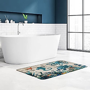 BBIOKD 4 Piece Nautical Shower Curtain Sets Ocean Sea Turtles Octopus Seahorse Beach Biological Vintage Map Lighthouse Rugs Toilet Lid Cover Bath Mat Bathroom Curtains Set 12 Hooks